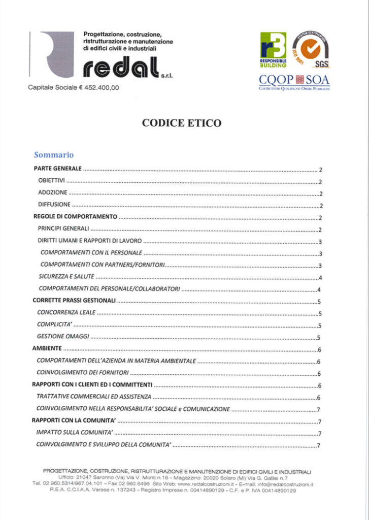 Codice Etico – Redal Costruzioni